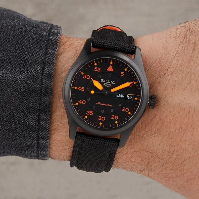 Seiko 5 Sports Black Dial Black Nylon Men's Watch | SRPH33